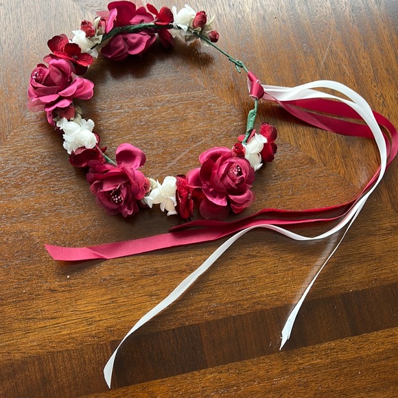 Accessories | Red White Flower Crown With Ribbon | Poshmark